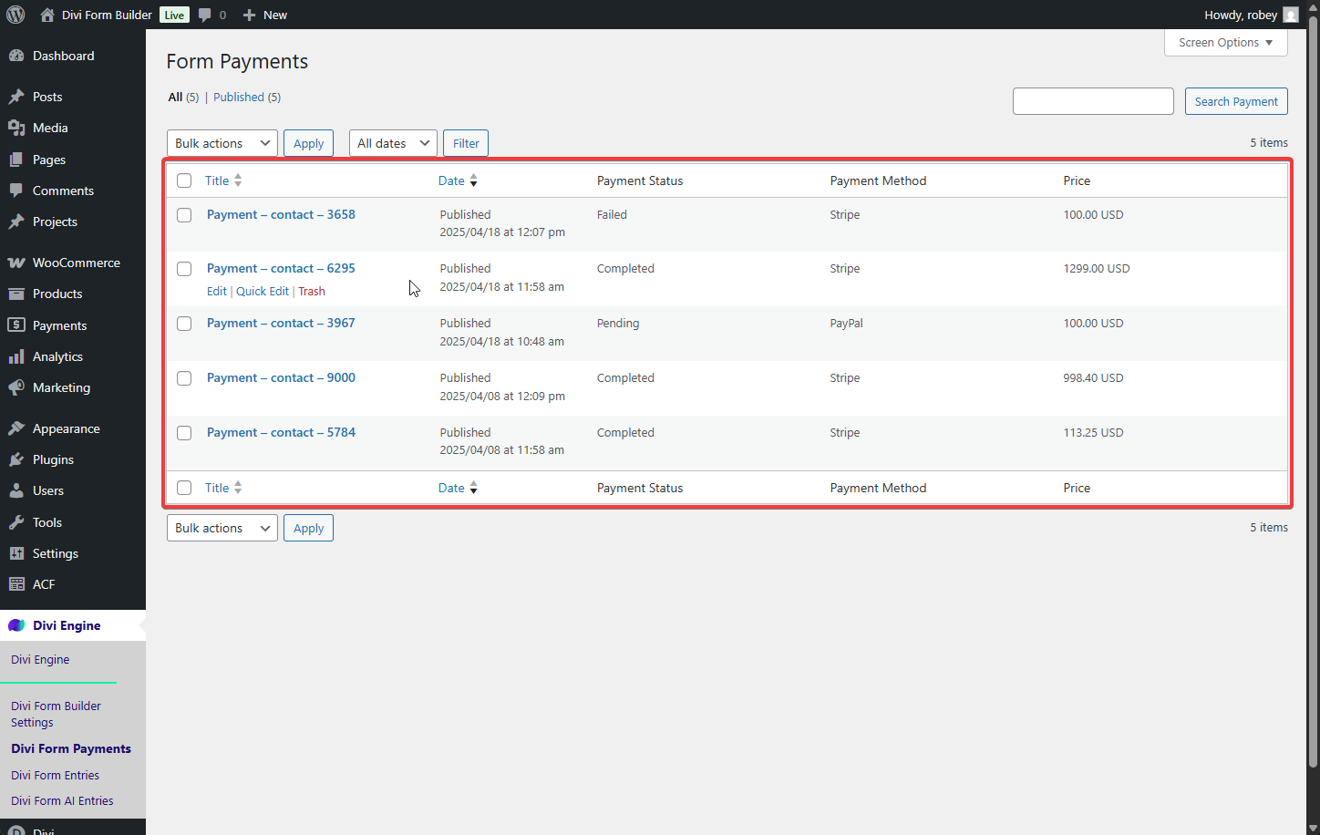 Form Payment History | Divi Form Builder Documentation